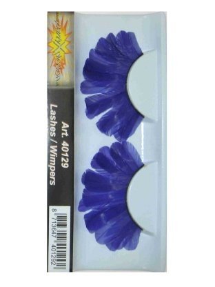 Kunstige øjenvipper i lilla med fjer - Kostumetilbehør - Partyfabrikken.dk